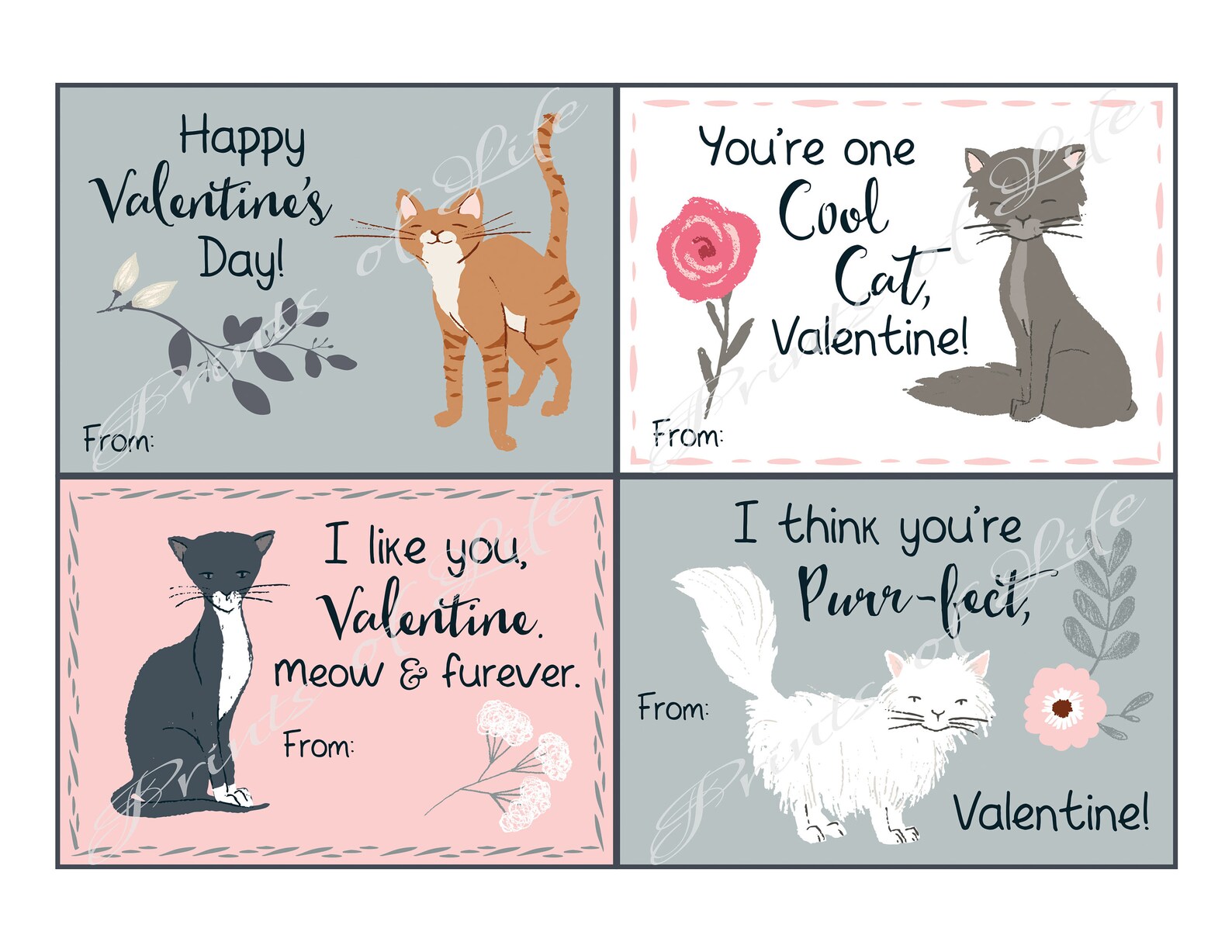 Kids Valentine Cards for School. Cute Cat Valentines Day Tags | Etsy