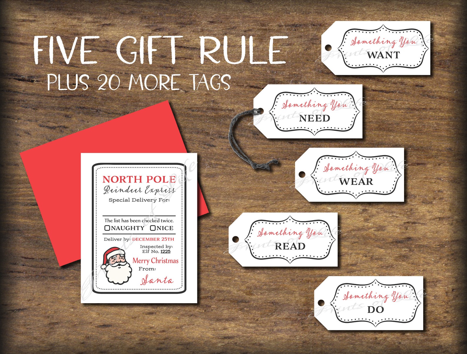5 Gift Rule Tags & Christmas Card. Traditional Santa. Instant - Etsy