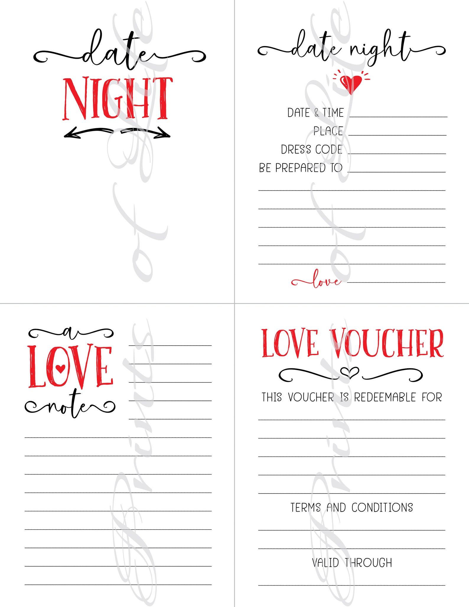 Date Night Card Love Note Voucher. Instant download | Etsy