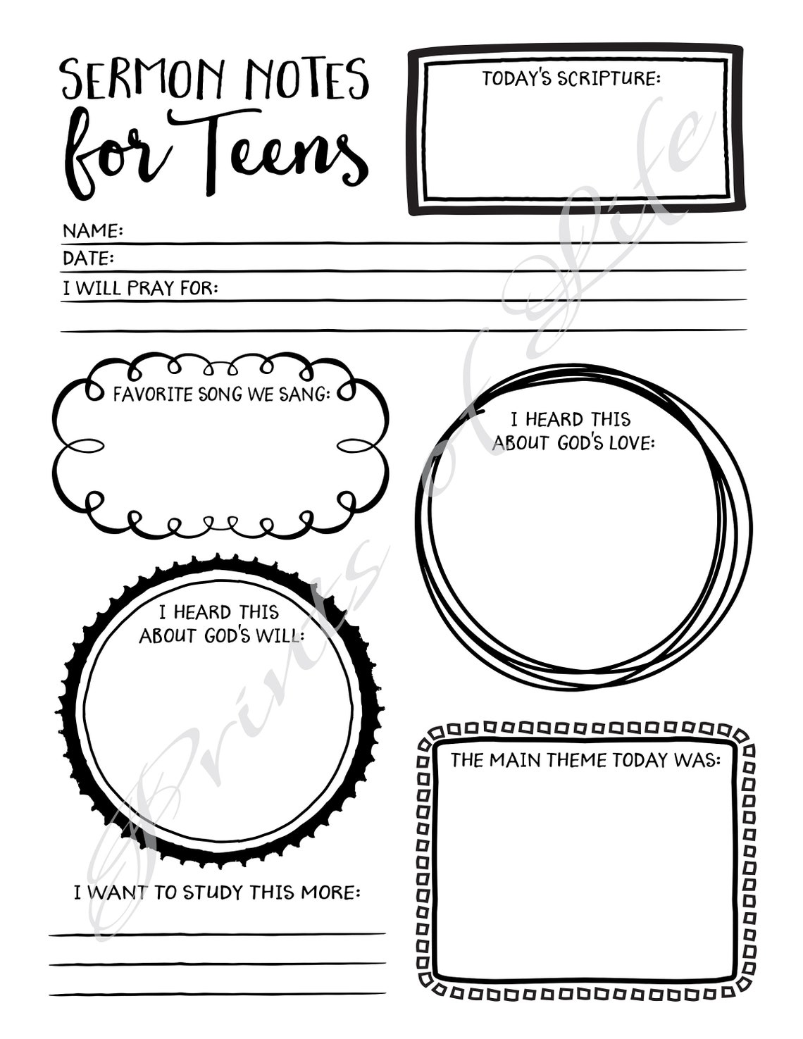 Sermon Notes for Teens. Boys, Girls, Youth, Kids. Instant Download ...