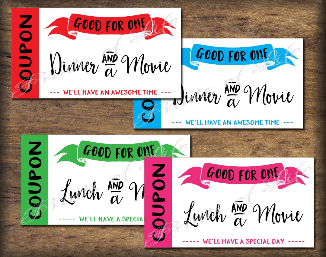 Dinner and a Movie Coupon. Instant Download. Valentines Day Birthday ...