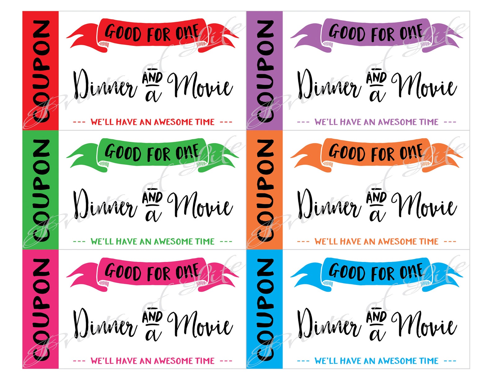 Dinner and a Movie Coupon. Instant Download. Valentines Day Birthday ...