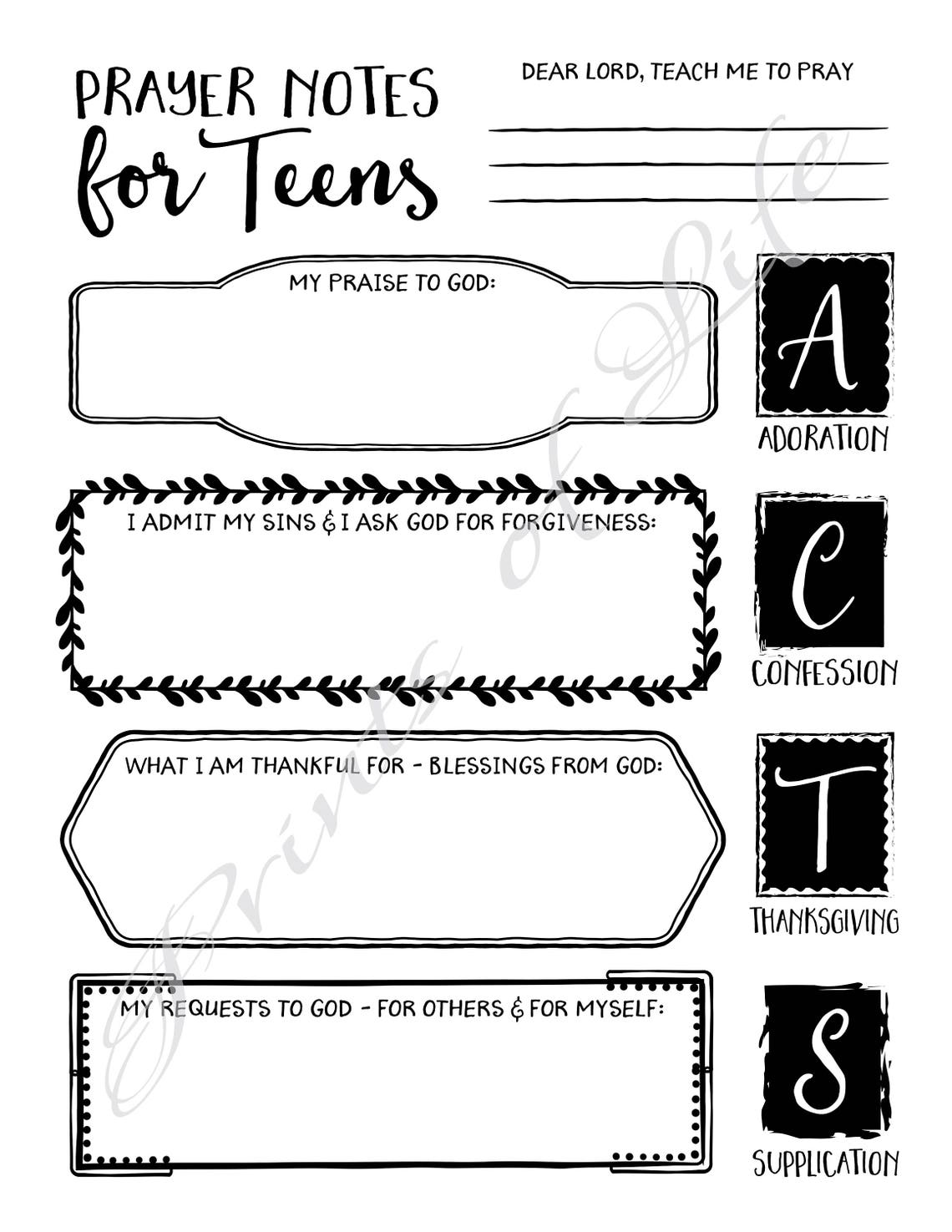 Prayer Notes for Teens. Instant Download Printable. ACTS. Boys, Girls ...