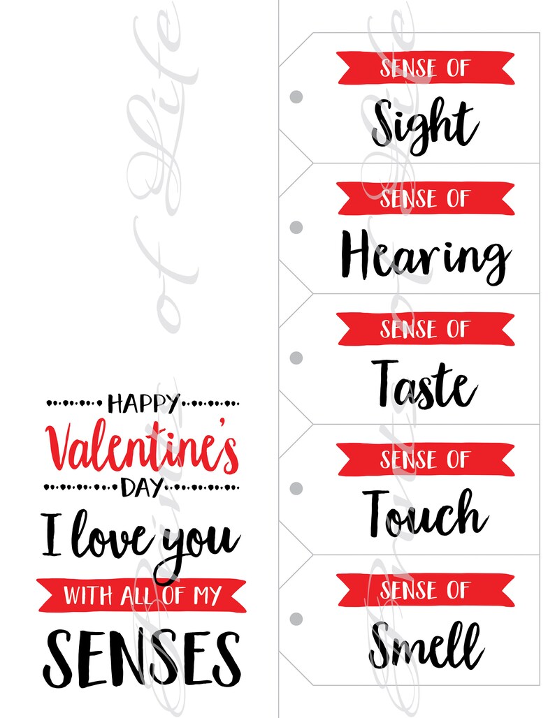 5 Senses Valentines Gift Tags & Card. Five Senses Instant Download ...