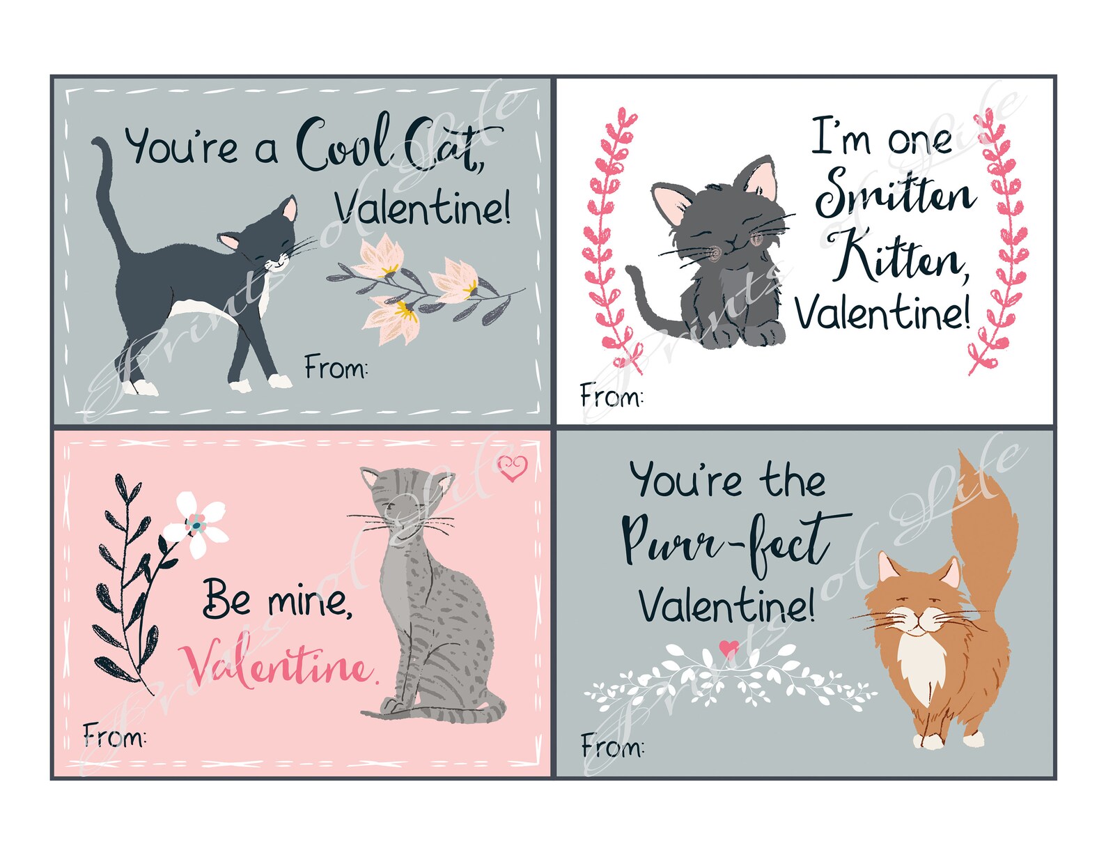 Kids Valentine Cards for School. Cute Cat Valentines Day Tags | Etsy