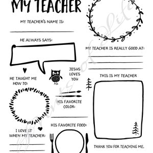 All About My Teacher. (male). Instant Download Printable. Kid's Message ...
