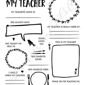 All About My Teacher. (female). Instant Download Printable. Kid's ...