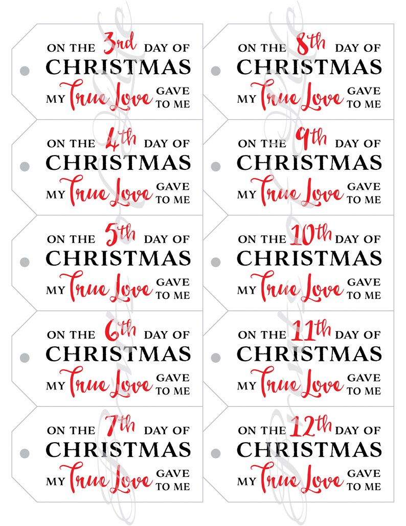 12 Days of Christmas Gift Tags & Card. True Love. Instant Download ...