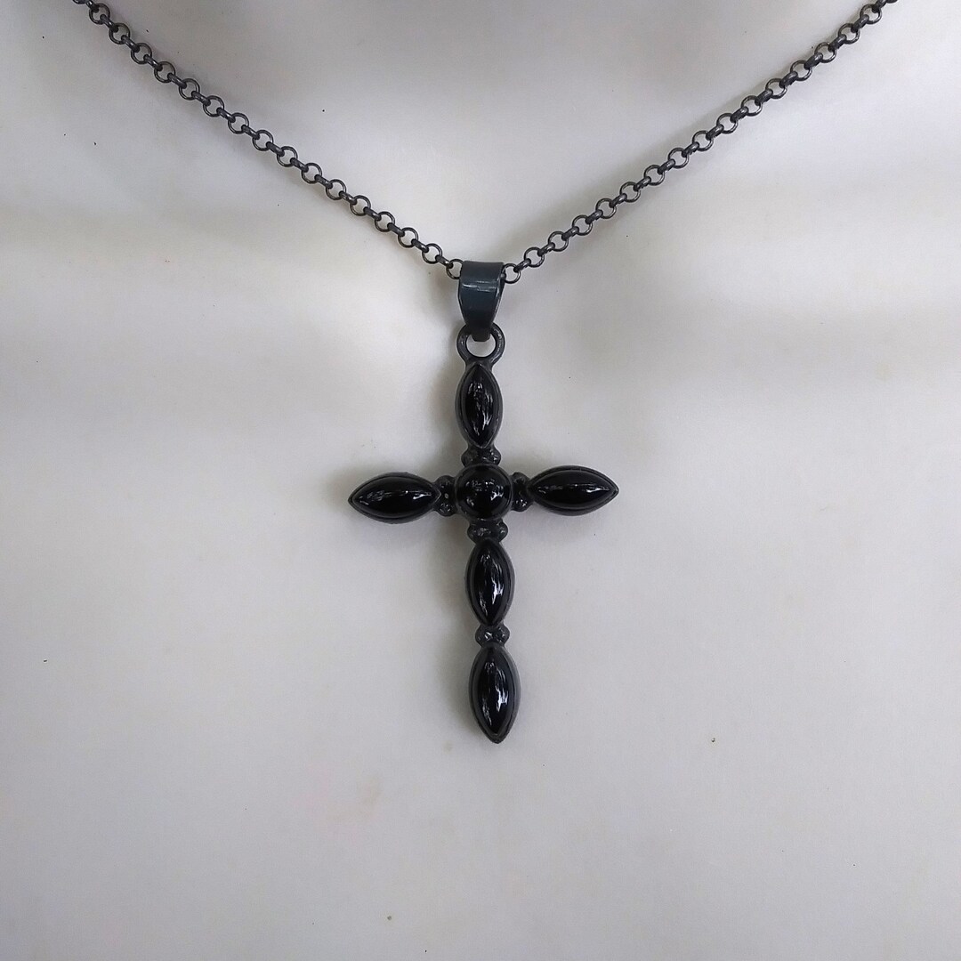 Black Obsidian Cross Pendant Necklace in Oxidized Sterling 925 Silver ...