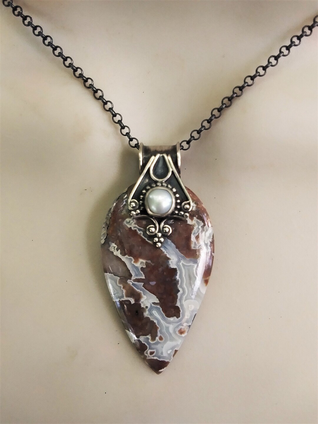 Crazy Lace Agate Necklace, Oxidized Silver Jewelry, Large Stone Pendant ...