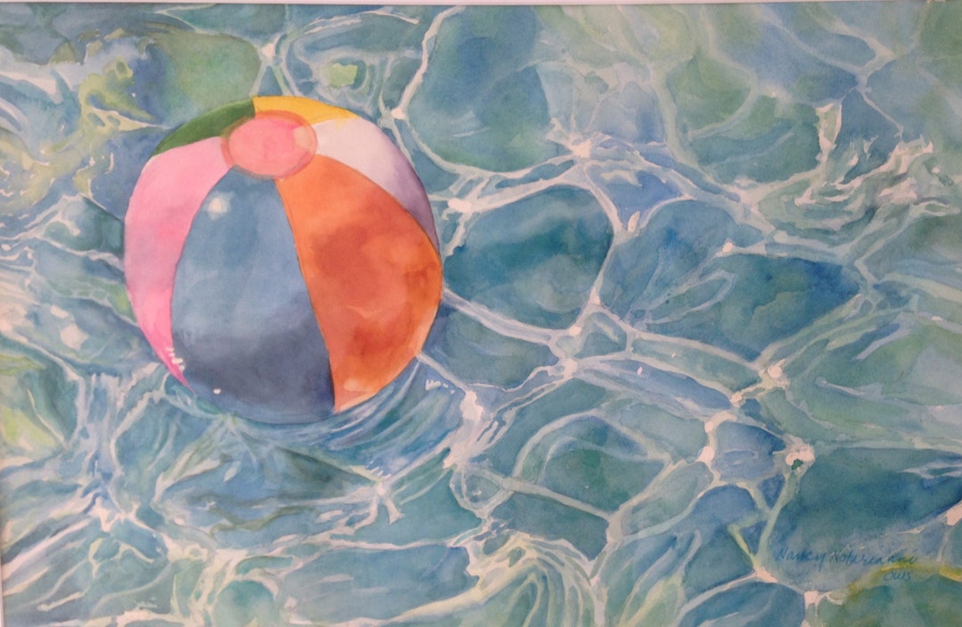 Watercolor Painting, Beach Ball Floating in a Swimming Pool, Original ...