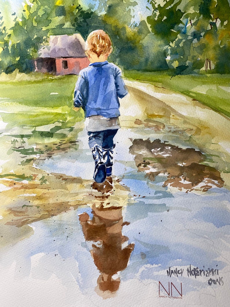 Young Child Walking in Puddles Original Watercolor Painting - Etsy