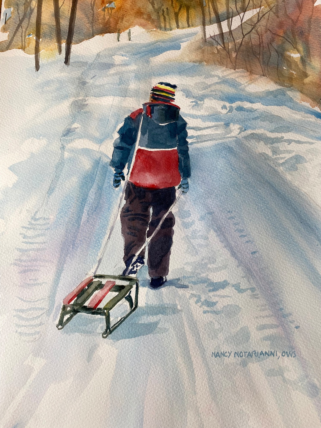 Snow Sledding Original Watercolor Painting - Etsy