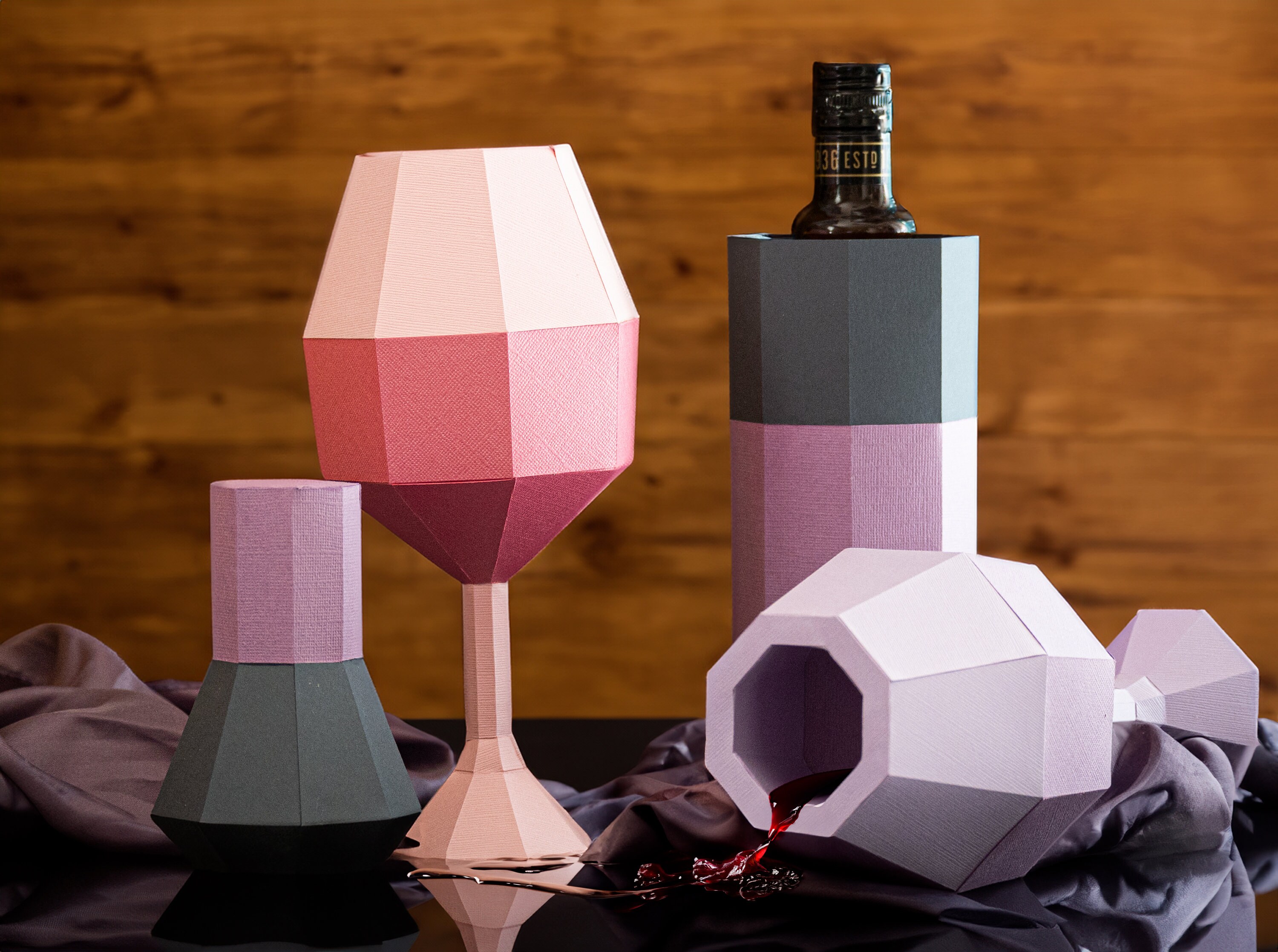 Wine Bottle & Glass 3D Papercraft Template: DIY Low-poly Sculpture (SVG ...