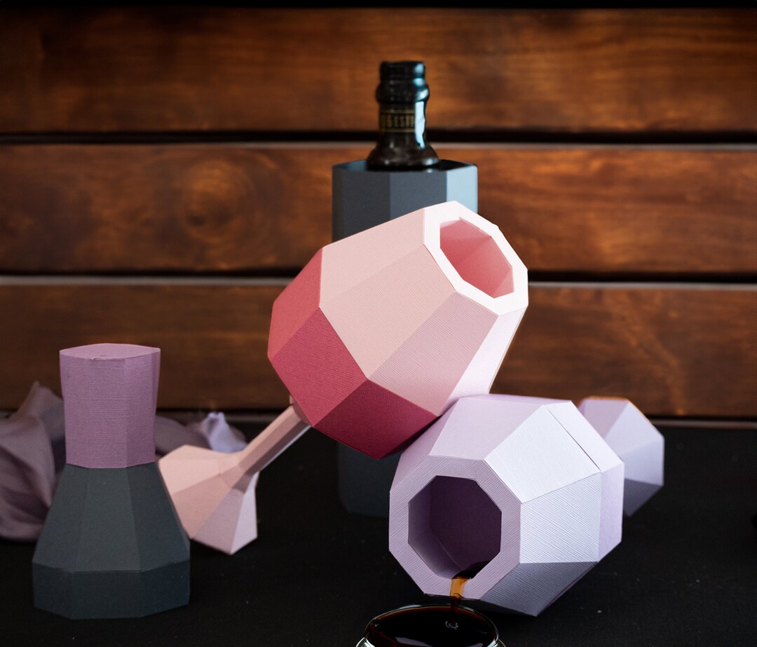 Wine Bottle & Glass 3D Papercraft Template: DIY Low-poly Sculpture (SVG ...