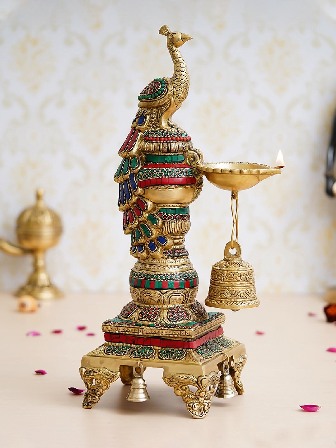 Brass Peacock With Diya and Bell Wall Hanging, Wall Decor,antique Oil ...