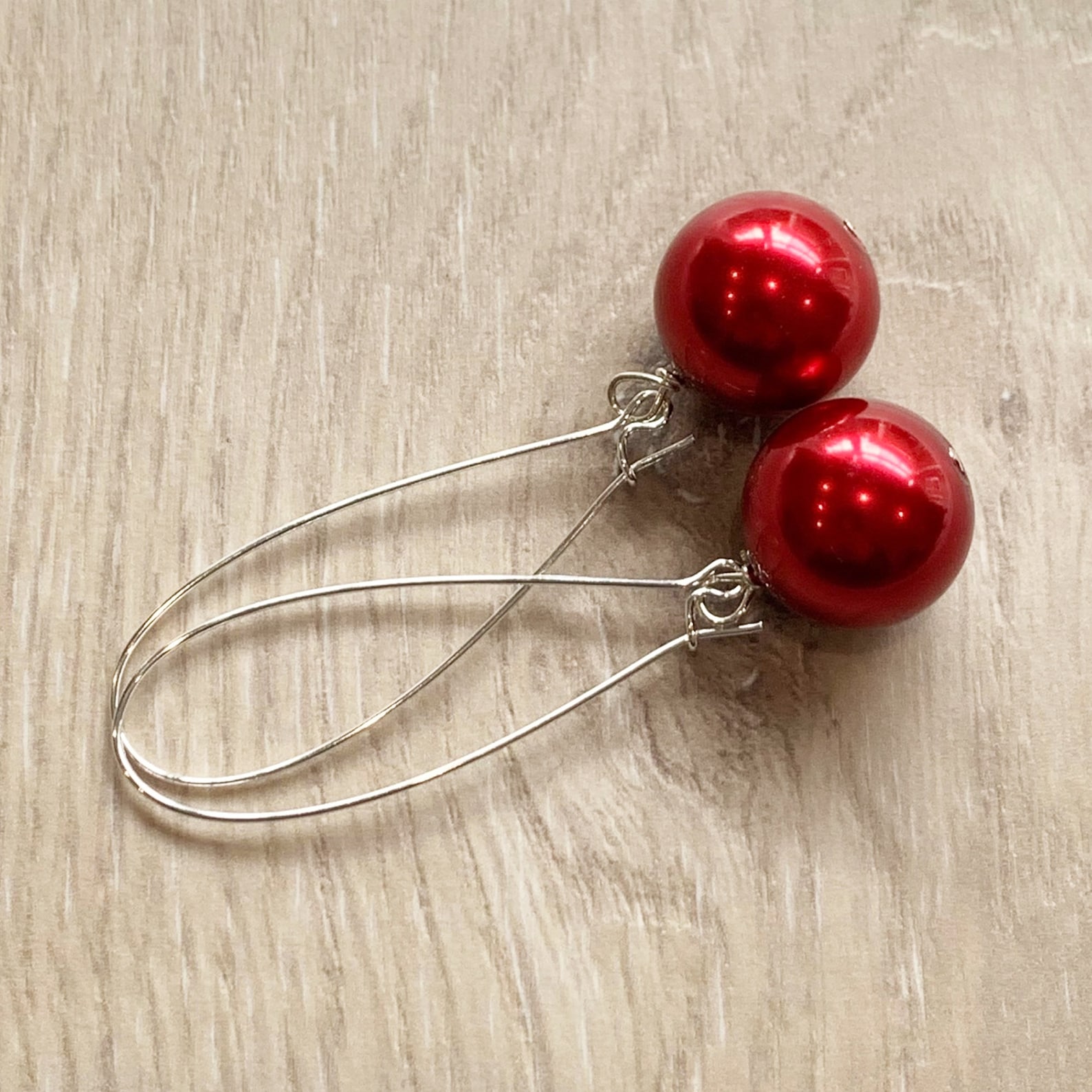 Red Pearl Earrings, Red Dangle Earrings, Metallic Red Beaded Earrings ...