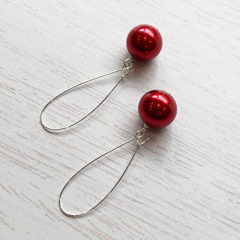Red Pearl Earrings, Red Dangle Earrings, Metallic Red Beaded Earrings ...
