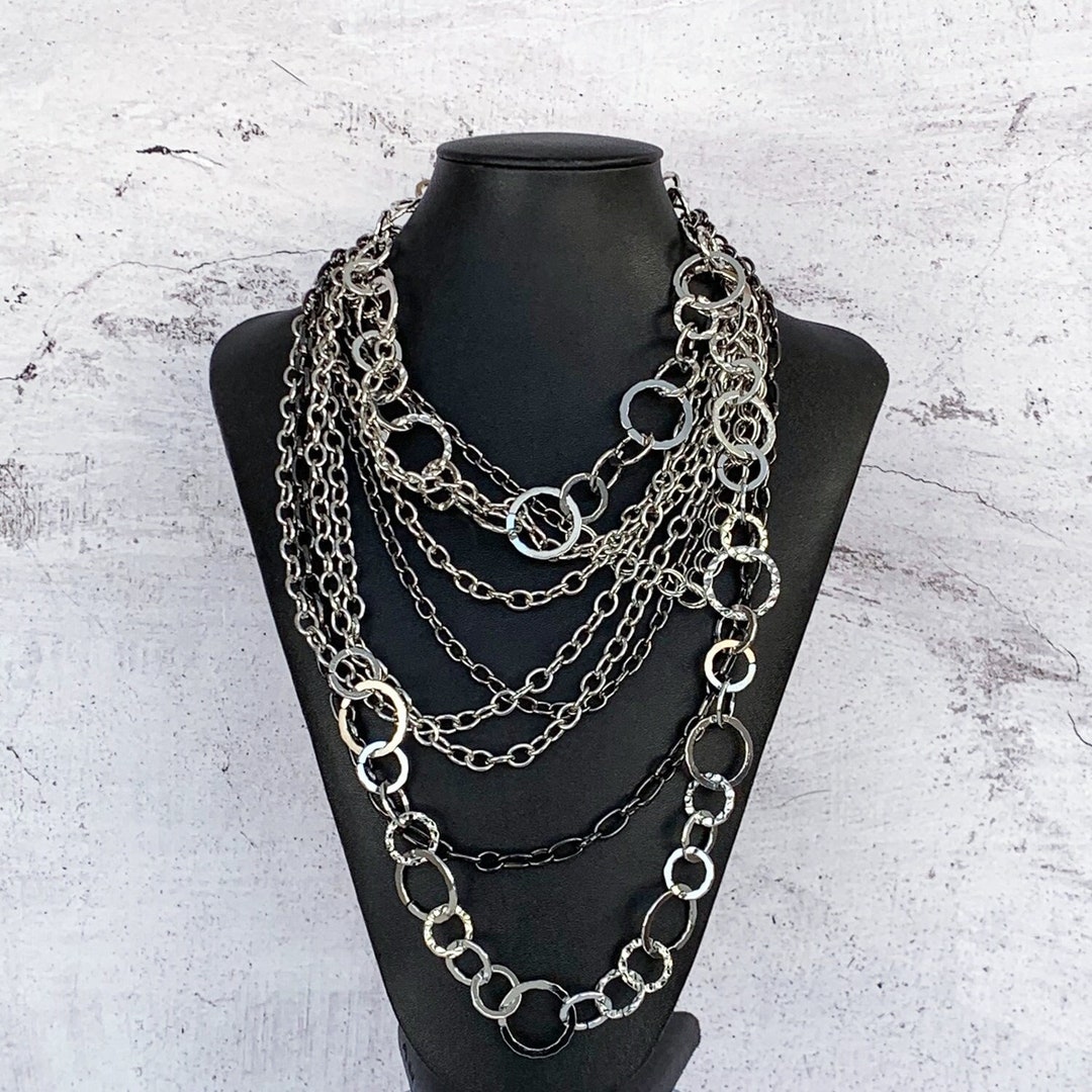Chunky Silver Necklace, Extra Long Chain Necklace, Mixed Metal Necklace ...