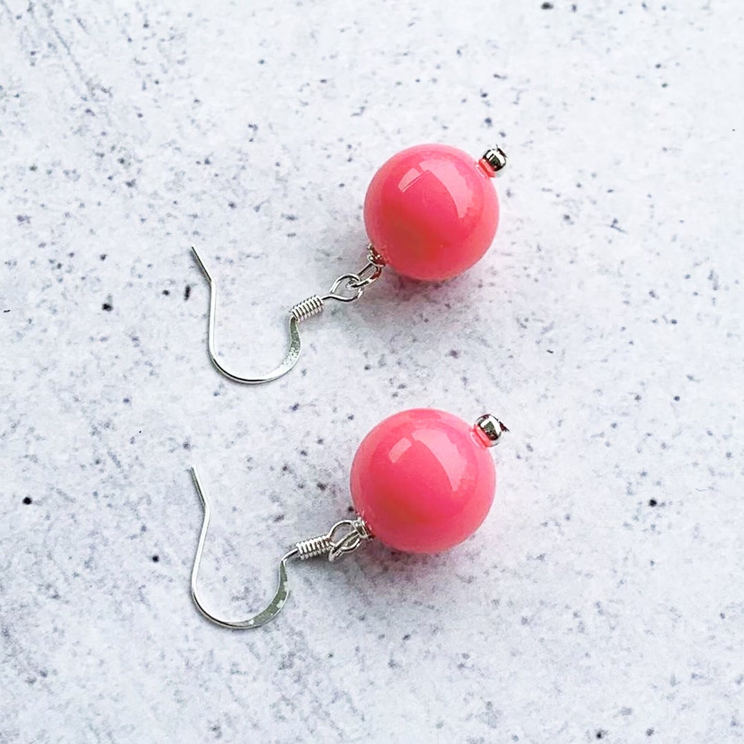 Bright Pink Earrings, Pink Dangle Earrings, Pink Bead Earrings, Neon ...