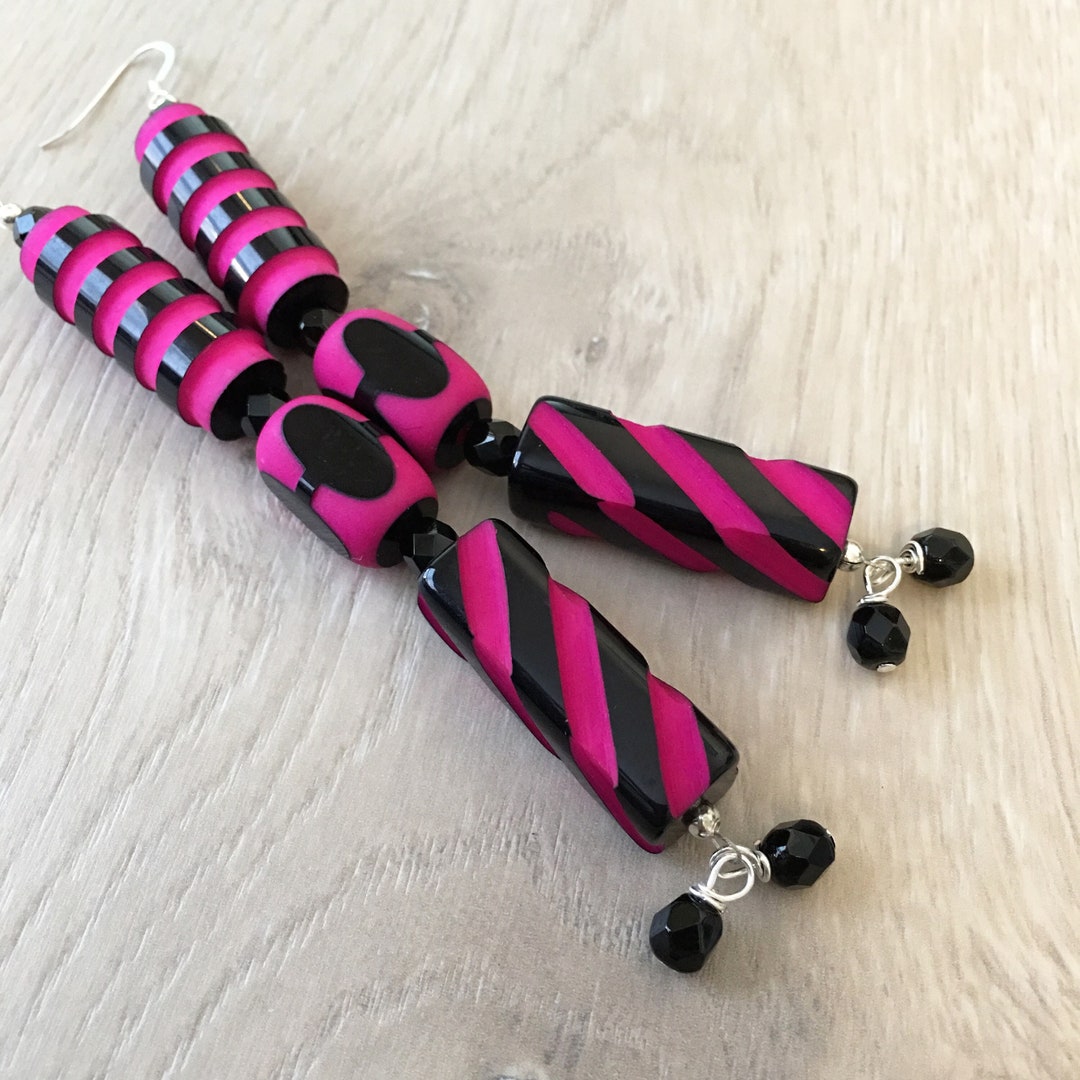 Hot Pink Earrings, Hot Pink and Black Earrings, Extra Long Pink ...