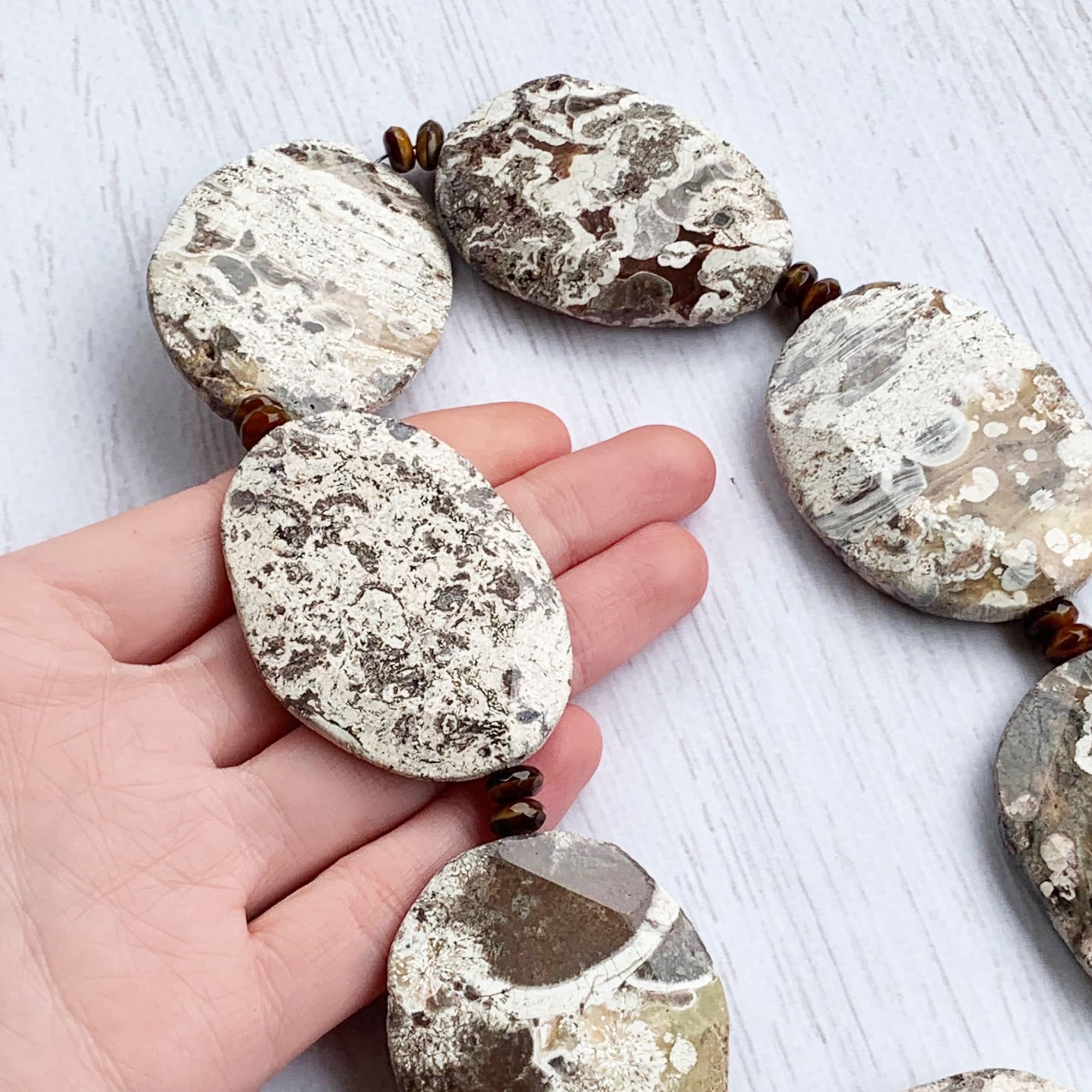 Neutral Gemstone Necklace, Cream Brown Gemstone Necklace, Oval Gemstone ...
