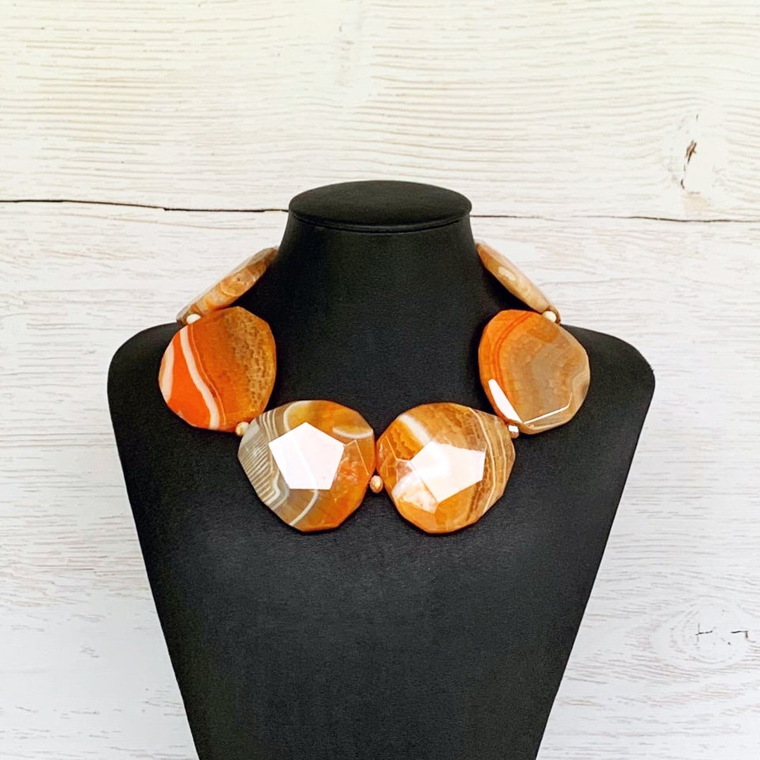 Orange Gemstone Necklace, Chunky Orange Necklace, Large Orange Necklace ...