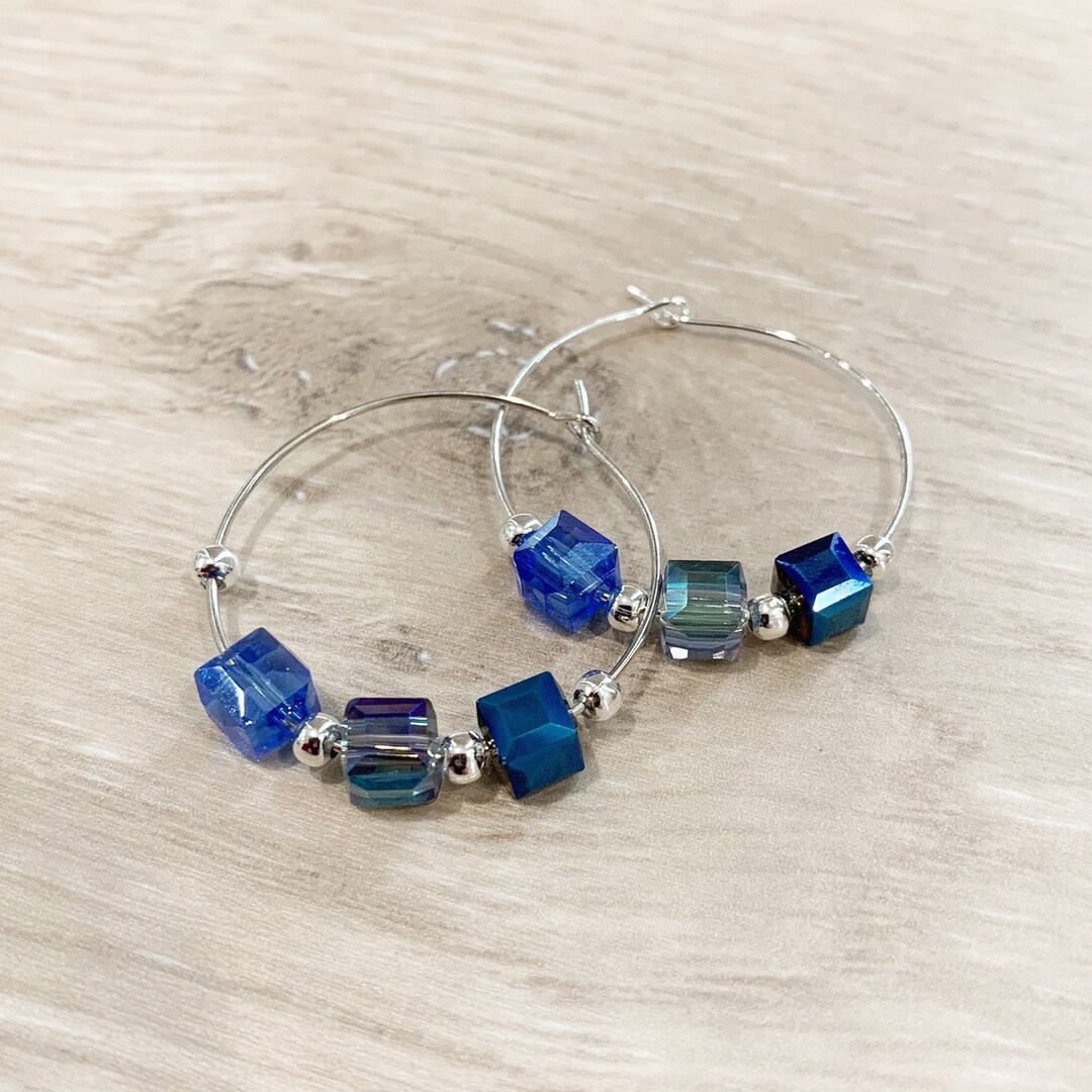 Blue Hoop Earrings, Unique Blue Earrings, Blue Bead Earrings, Beaded ...