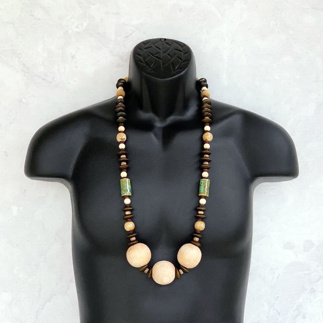 Mens Beaded Necklace, Long Wood Bead Necklace, Mens Boho Necklace ...