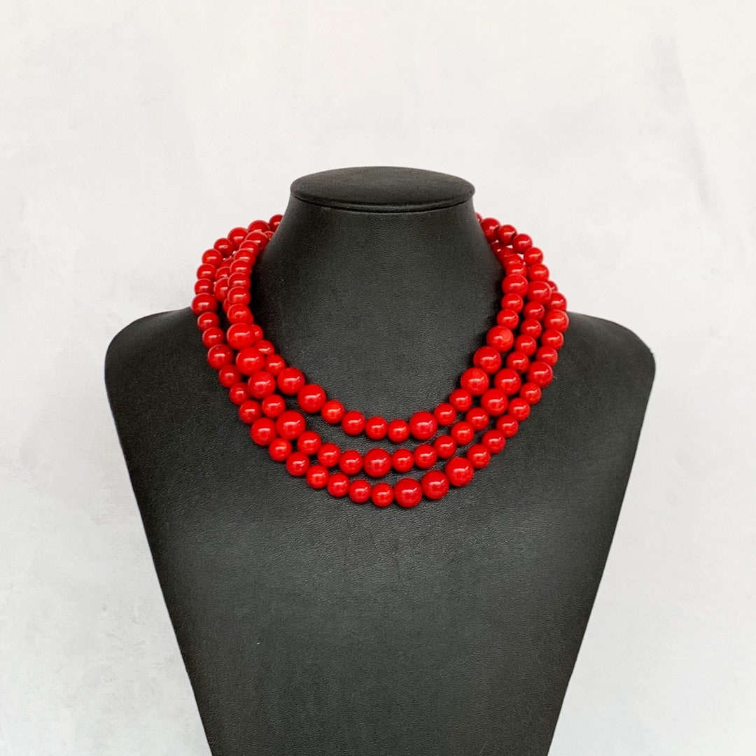 Chunky Red Necklace, Red Necklace and Matching Earrings Set, Coral Red ...