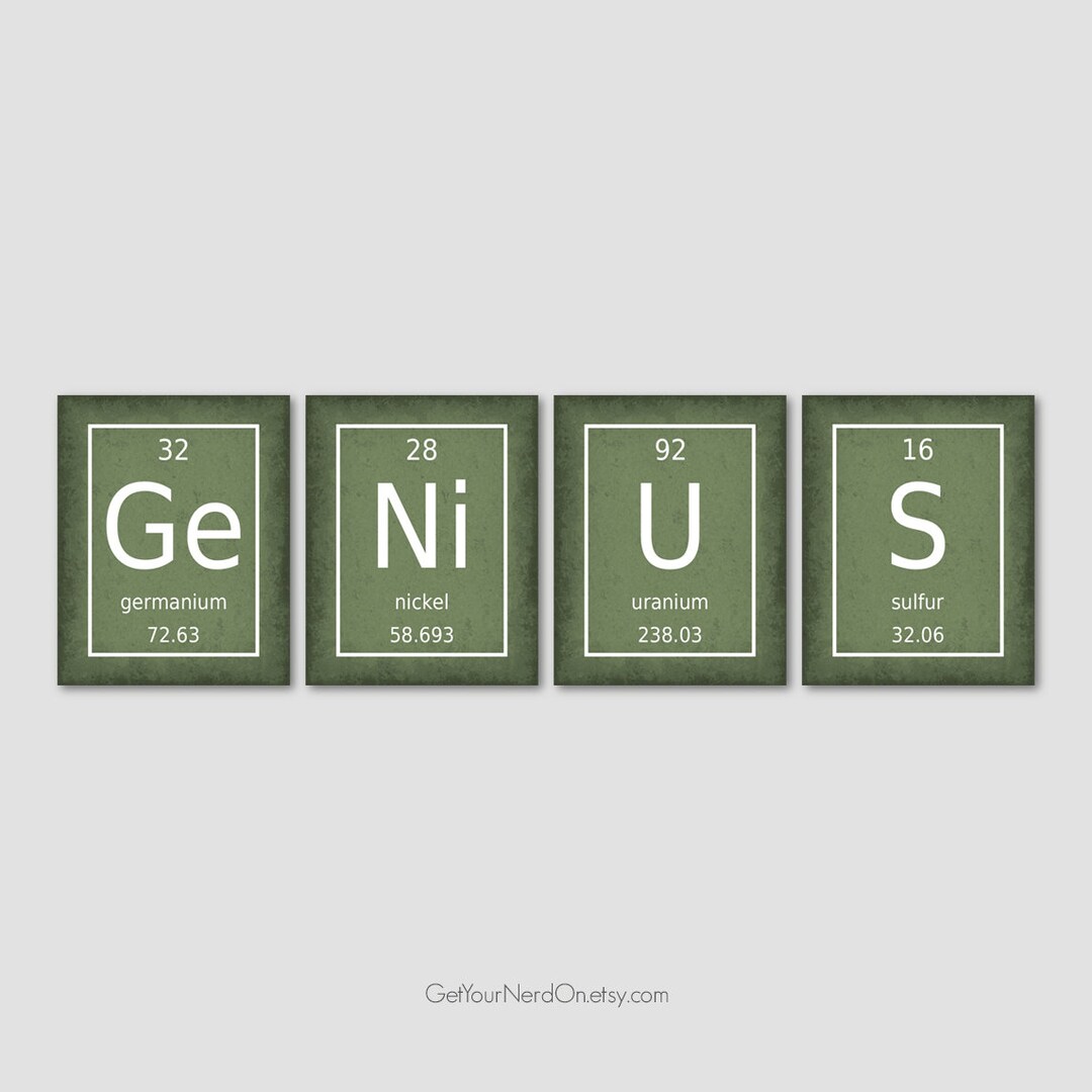 Genius, Set of 4 Prints, Periodic Table of Elements, Nerdy Science Art ...