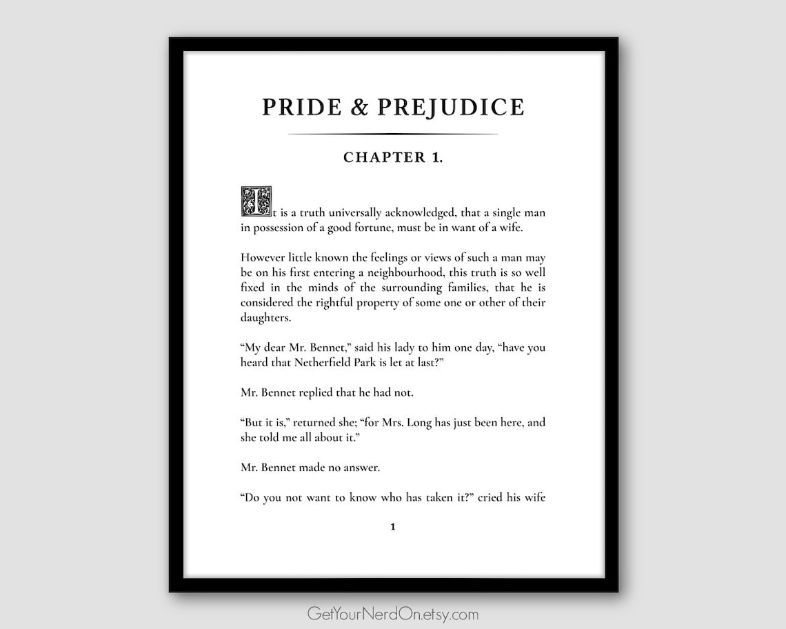 Pride and Prejudice First Page Print Book Nerd Gift Idea - Etsy