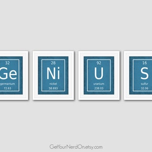 Genius, Set of 4 Prints, Periodic Table of Elements, Nerdy Science Art ...