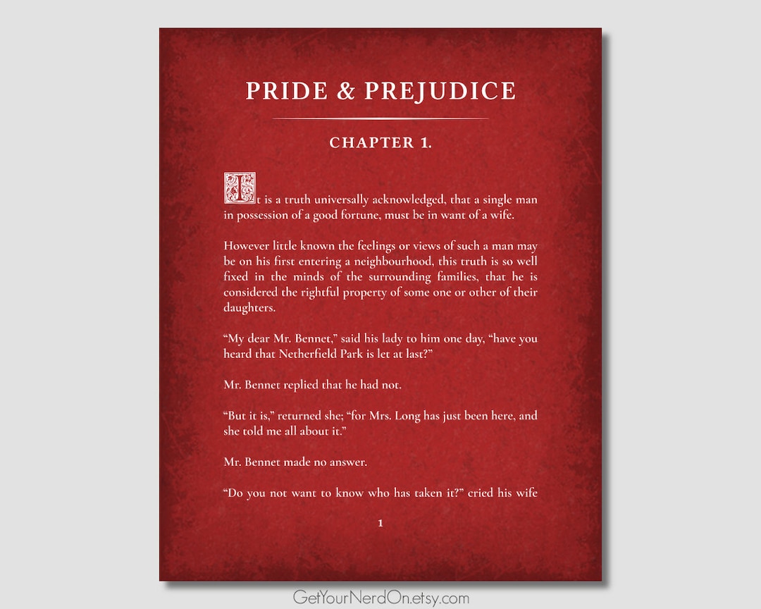 Pride and Prejudice First Page Print, Book Nerd Gift Idea, Classic ...