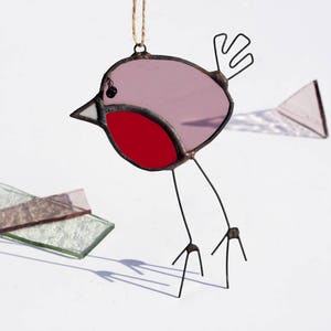 HANGING GLASS ROBIN Standing Stained Glass Bird Handmade Gift Christmas ...