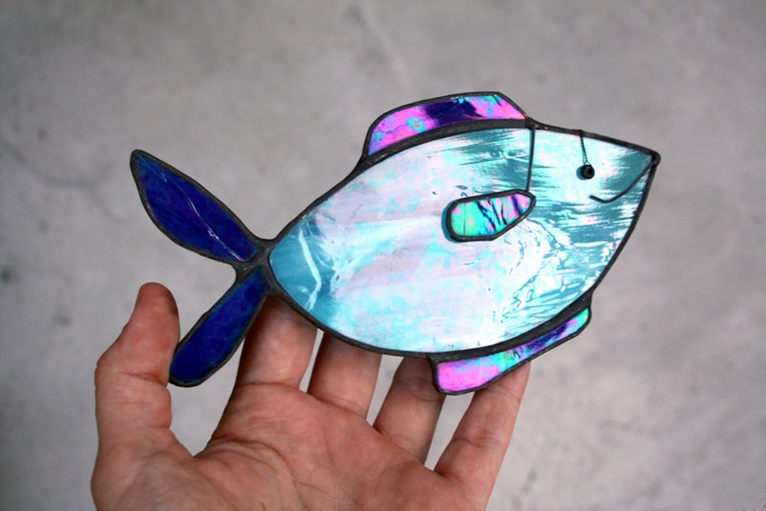 BLUE FISH - Iridescent Stained Glass - Animal Decoration - Cute Gift ...