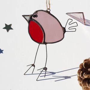 HANGING GLASS ROBIN Standing Stained Glass Bird Handmade Gift Christmas ...