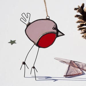 HANGING GLASS ROBIN Standing Stained Glass Bird Handmade Gift Christmas ...