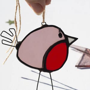 HANGING GLASS ROBIN Standing Stained Glass Bird Handmade Gift Christmas ...