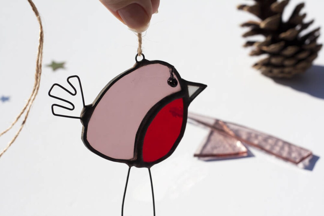 HANGING GLASS ROBIN Standing Stained Glass Bird Handmade Gift Christmas ...