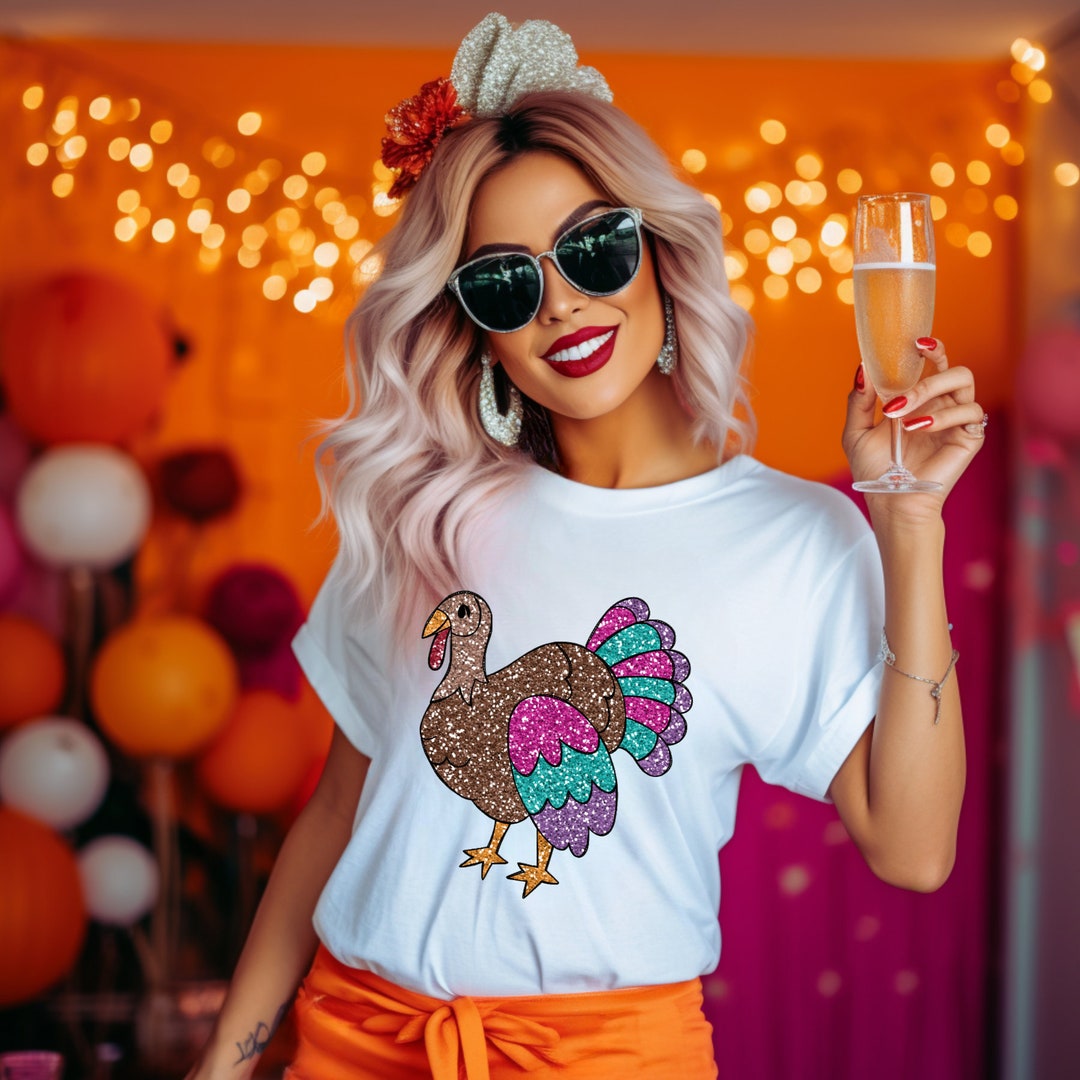 Fun Thanksgiving Faux Sequined Look Turkey Tee Shirt - Fancy Sequined ...