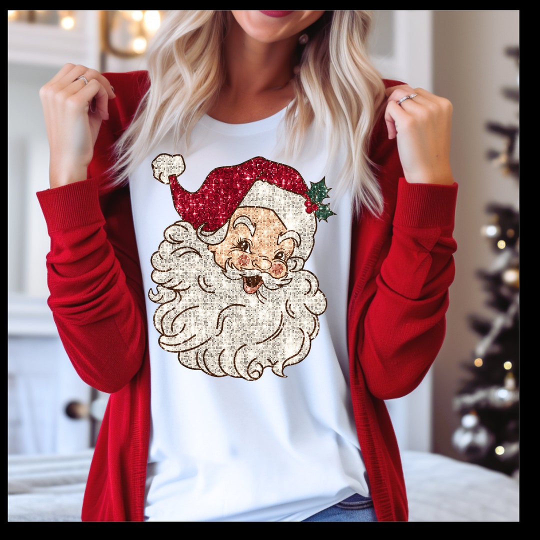 Faux Sequin Look Preppy Santa Tee Faux Sequin Santa Christmas Tee Merry ...