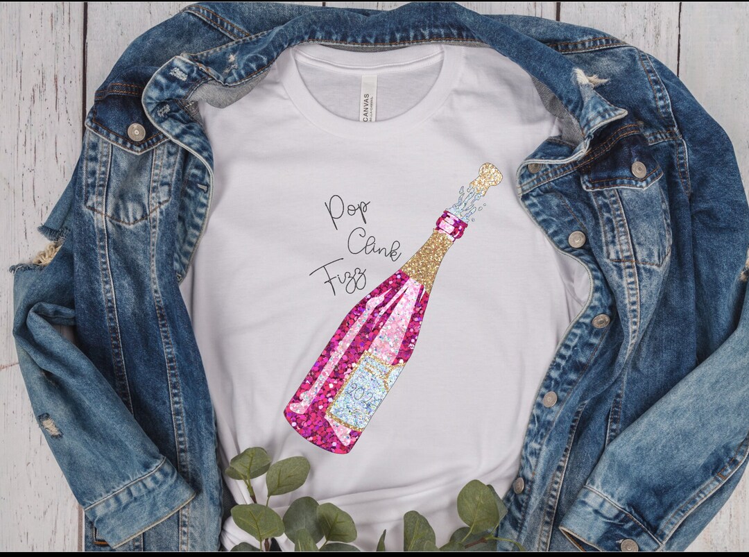 Pop Clink Fizz Champagne Bottle New Year Tee - Faux Sequin Look ...