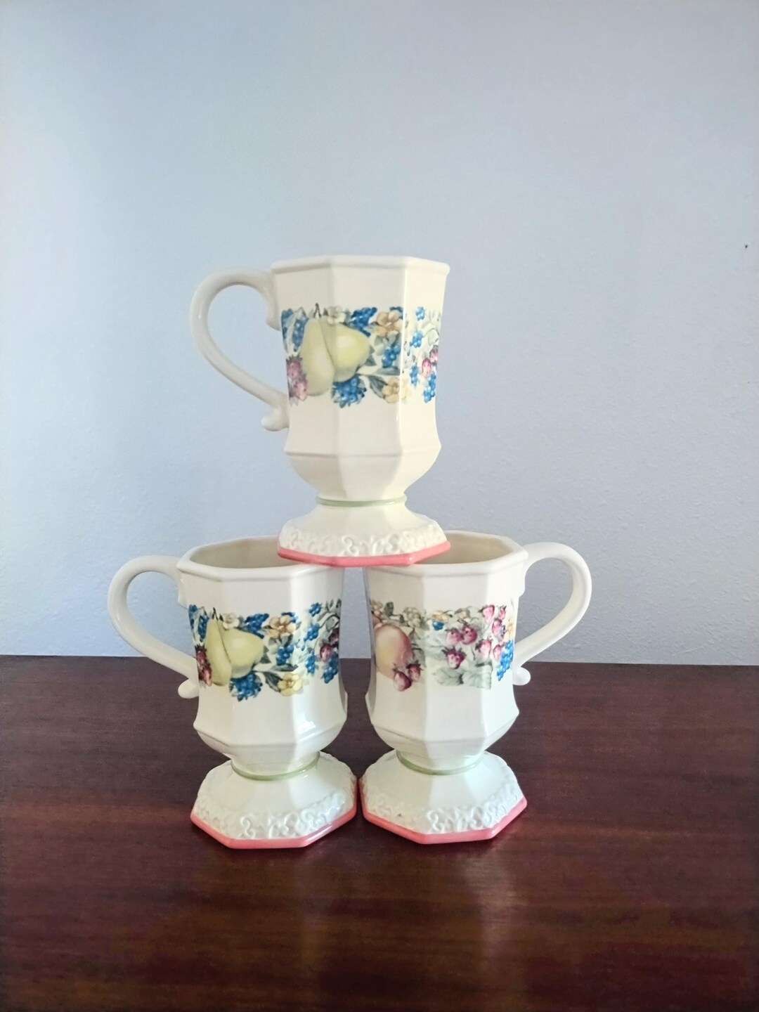 3 Avon Pedestal Coffee Mugs: Fruit Design, Sweet Country Harvest ...