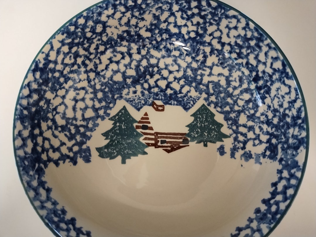 Vintage Folk Craft Cabin in the Snow Serving Bowl, Tienshan Stoneware ...