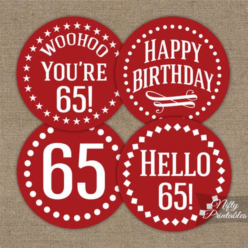 Red 65th Birthday Cupcake Toppers Red White 65th Birthday | Etsy