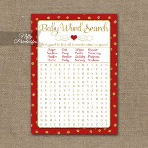 Red Word Search Game Printable Red Gold Baby Shower Games - Etsy