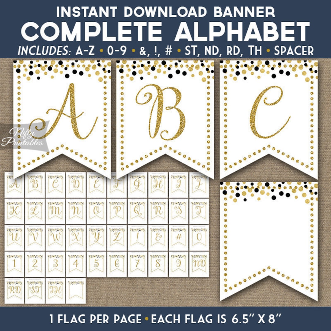 White Gold Confetti Party Banner - Printable Complete Alphabet A-Z ...