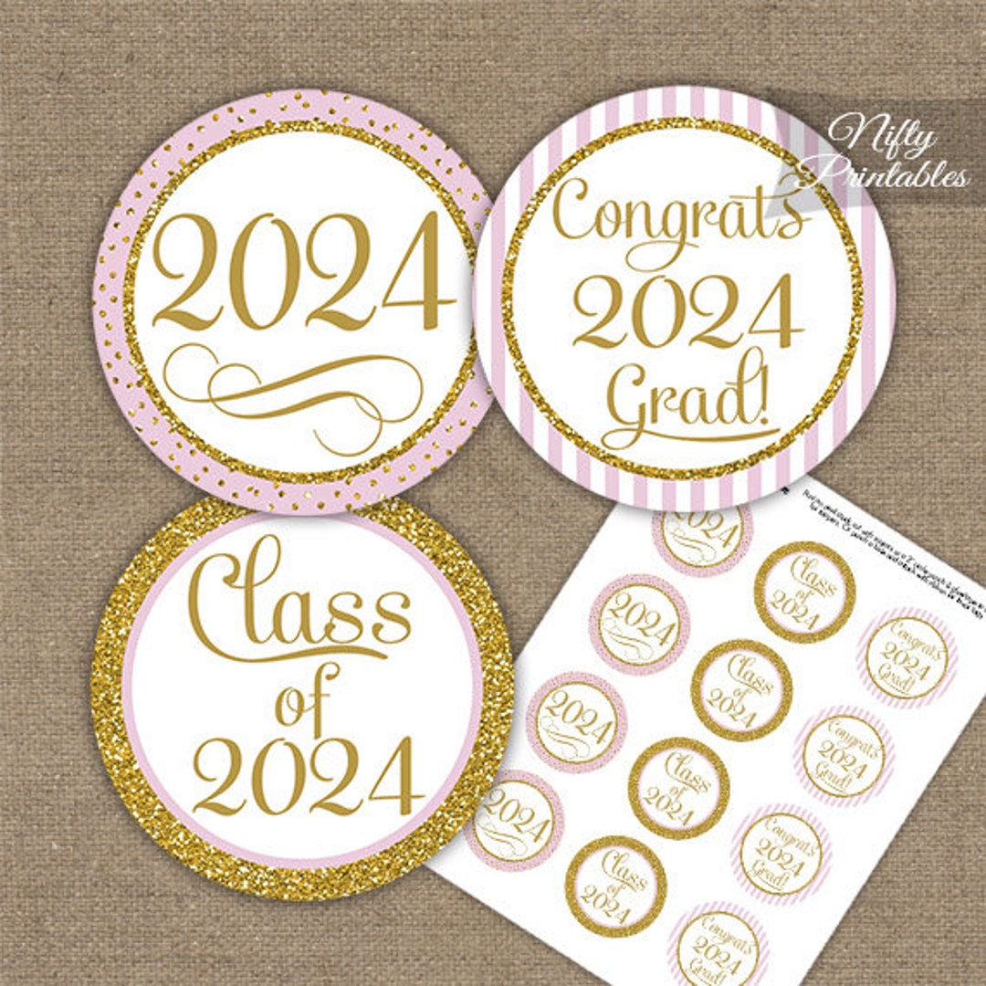 Pink Graduation Cupcake Toppers Pink & Gold Glitter Printable 2024 ...