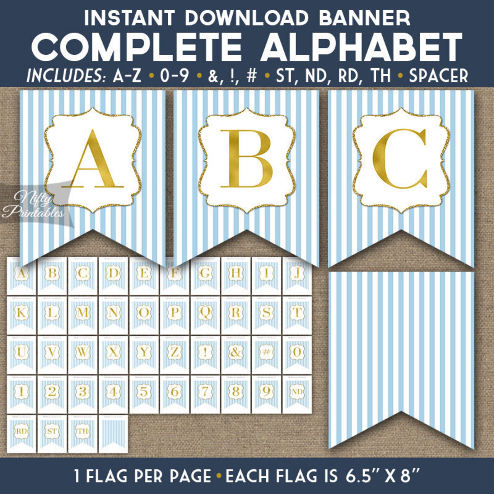 Light Blue Gold Party Banner Printable Complete Alphabet A-Z - Etsy